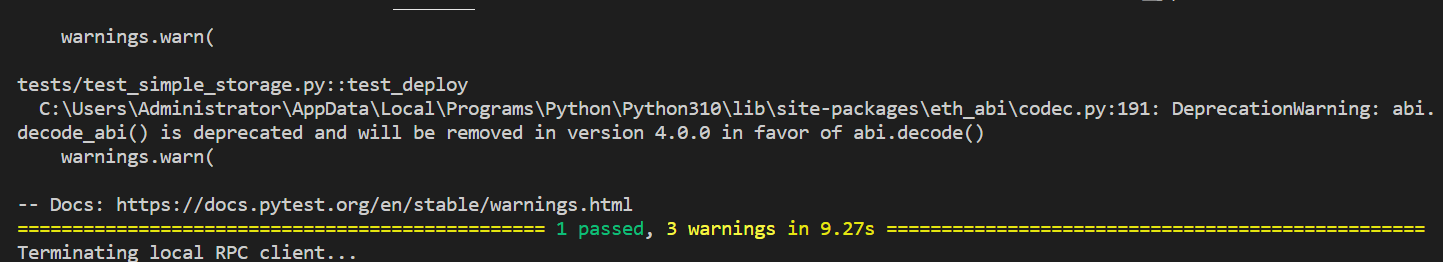 1 passed, 3 warnings in 9.27s · Issue #35 · PatrickAlphaC/brownie_simple_storage · GitHub