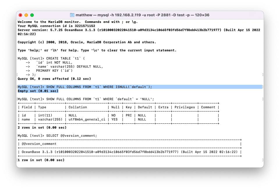 [Bug]: Bug of running "SHOW FULL COLUMNS " · Issue #970 · oceanbase/oceanbase · GitHub