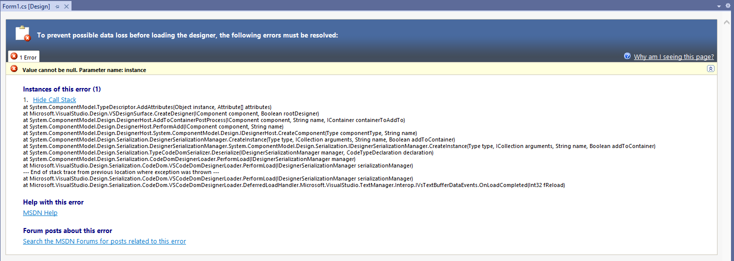 "Value cannot be null. Parameter name: instance" in VS2019 .NET WinForms App · Issue #4226 ...