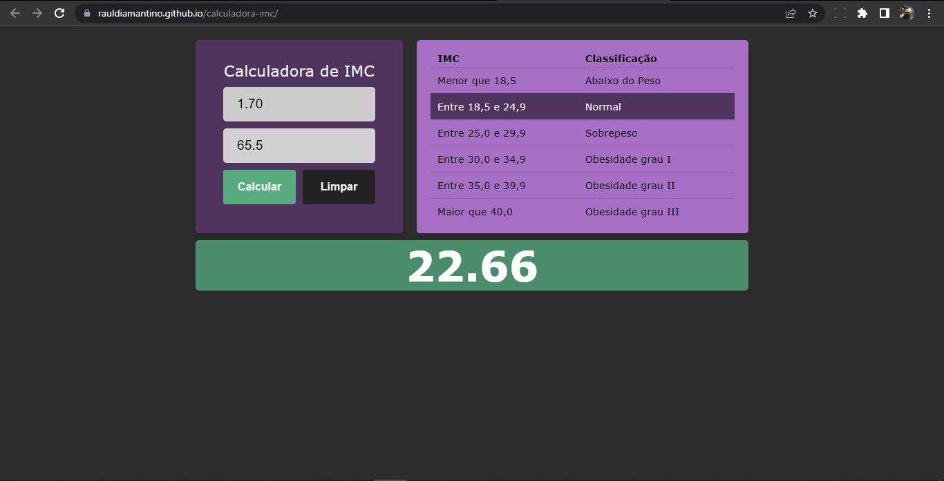 GitHub - rauldiamantino/calculadora-imc: Calculadora de IMC (Javascript Funcional)