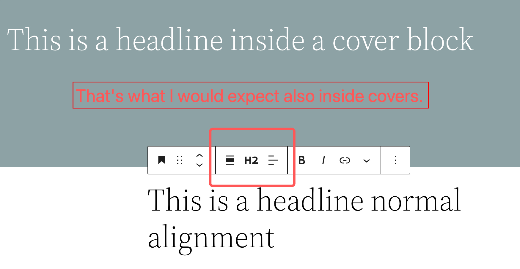 Heading block inside cover block misses the alignment options · Issue #39992 · WordPress ...