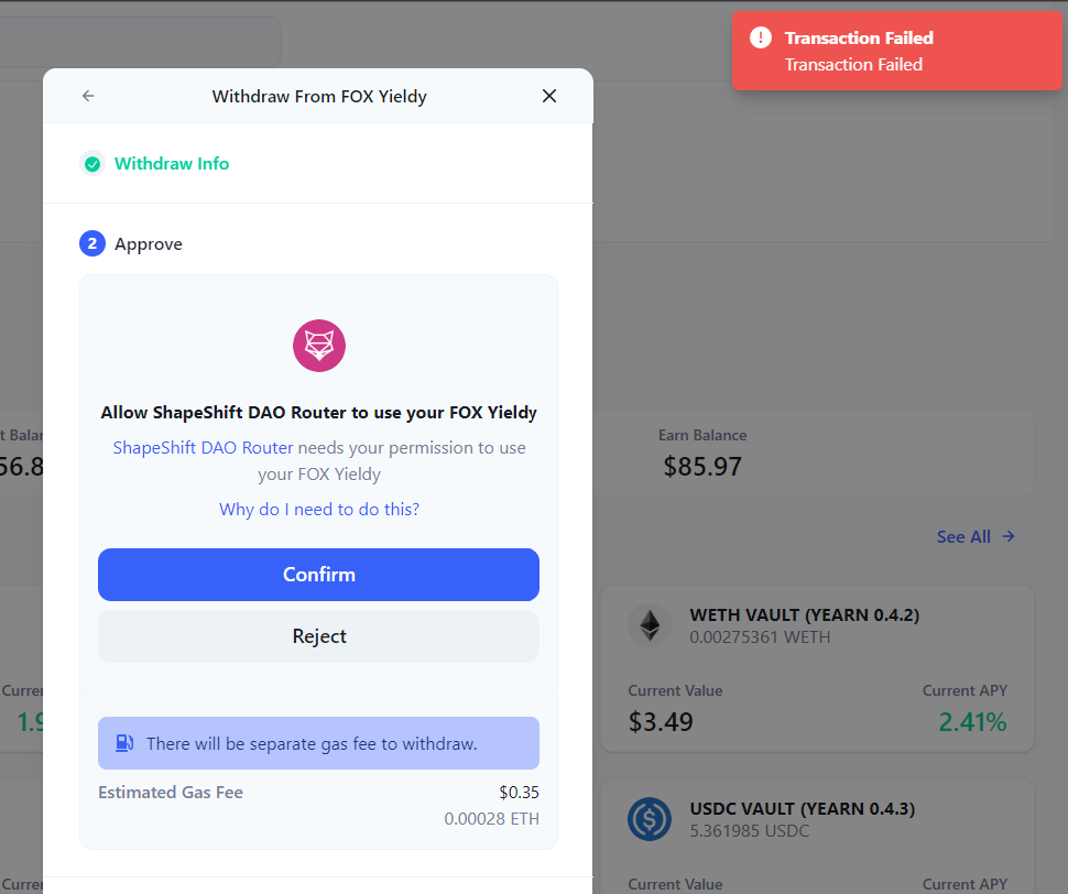 FOX Yieldy withdrawal Approval not working on multi account · Issue #2820 · shapeshift/web · GitHub