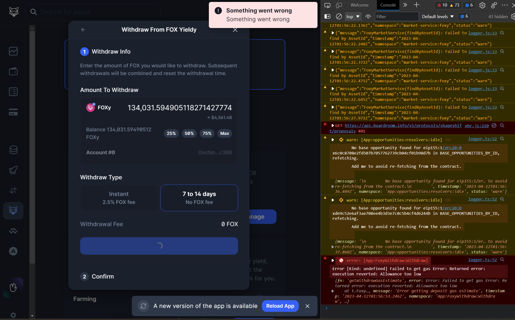Issue when withdrawing Foxy · Issue #4238 · shapeshift/web · GitHub