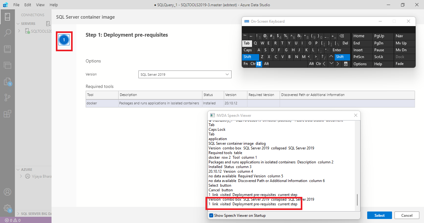A11y_AzureDataStudio_New deployment - SQL Server container image_Screen reader: Narrator is ...