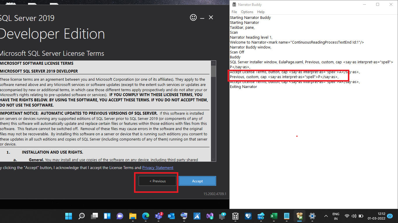 A11y_AzureDataStudio_New deployment - SQL Server on Windows_Screen Reader: Narrator is not ...