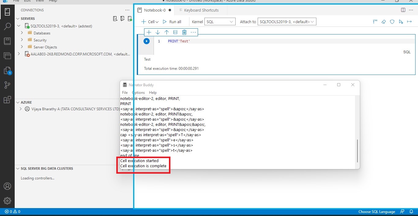 A11y_AzureDataStudio_Notebooks - Run_Screen Reader: Narrator is not announcing output of the ...