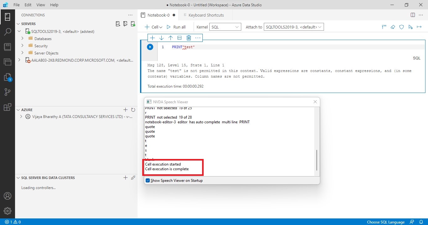 A11y_AzureDataStudio_Notebooks - Run_Screen Reader: Narrator is not announcing output of the ...