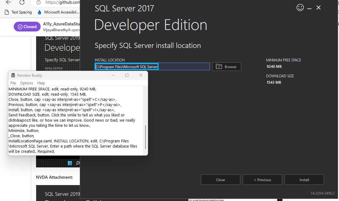 A11y_AzureDataStudio_New deployment - SQL Server on Windows_Screen Reader: Narrator is not ...