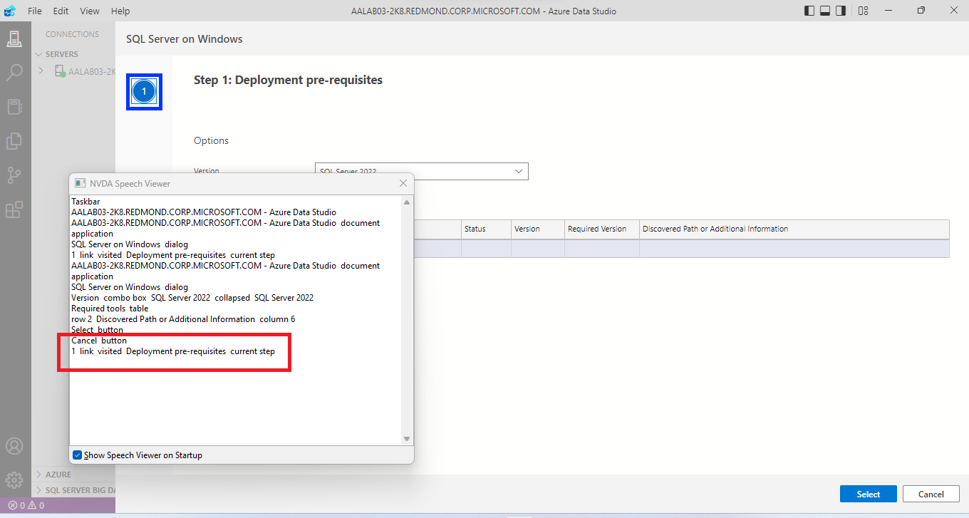 A11y_AzureDataStudio_New deployment - SQL Server container image_Screen reader: Narrator is ...