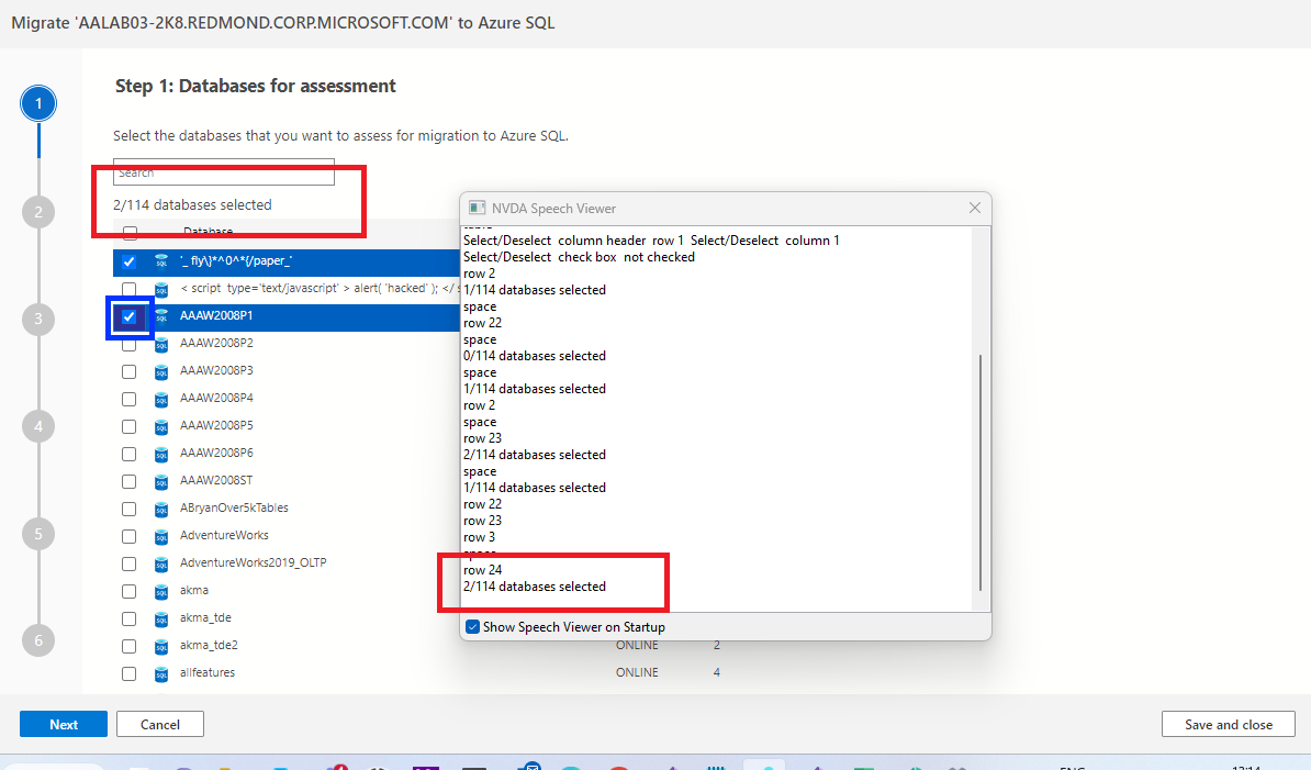 A11y_Azure Data Studio extension 'Azure SQL Migration'_Databases for assessment_Status messages ...