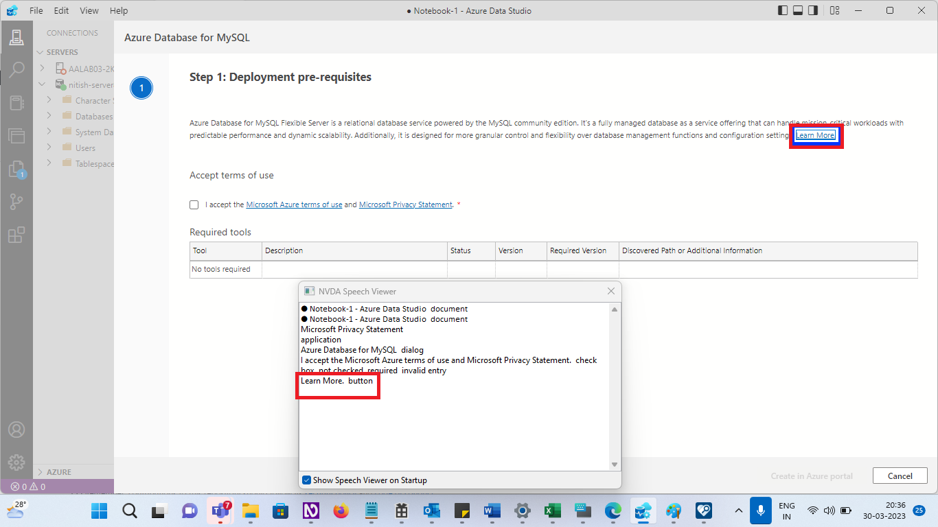 A11y_MySQLextensionforAzureDataStudio_New deployment Azure Database for MySQL_Name Role Value ...