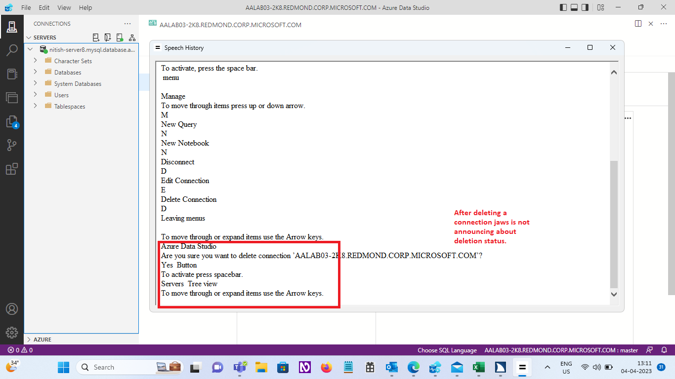 A11y_MySQLextensionforAzureDataStudio_Delete connection_Usability:Once connection is deleted the ...