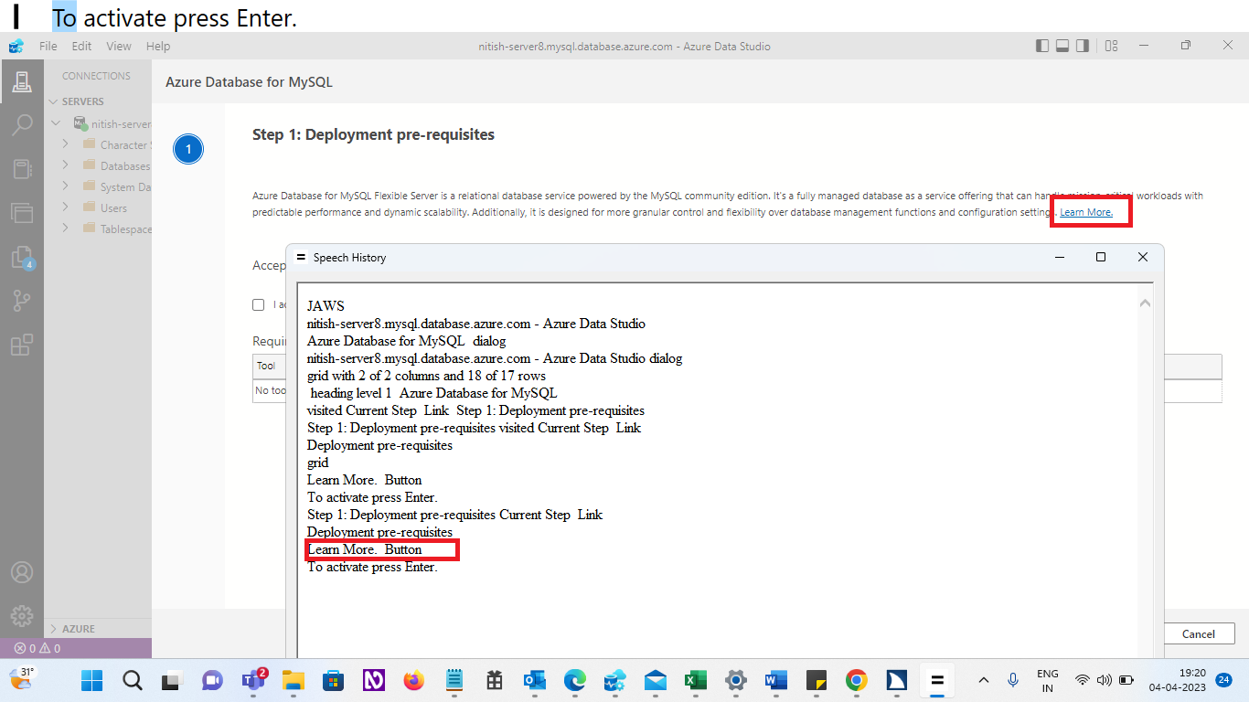 A11y_MySQLextensionforAzureDataStudio_New deployment Azure Database for MySQL_Name Role Value ...