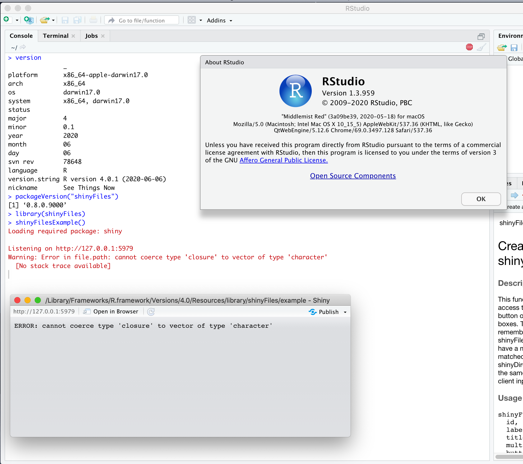 [R 4.0.1] shinyFilesExample() gives error: "cannot coerce type 'closure' to vector of type ...