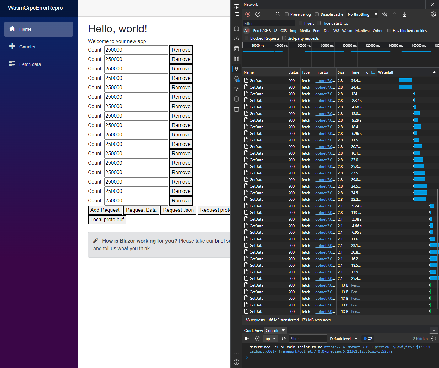Blazor WASM crashes after a time with Assertion: should not be reached at /__w/1/s/src/mono/mono ...