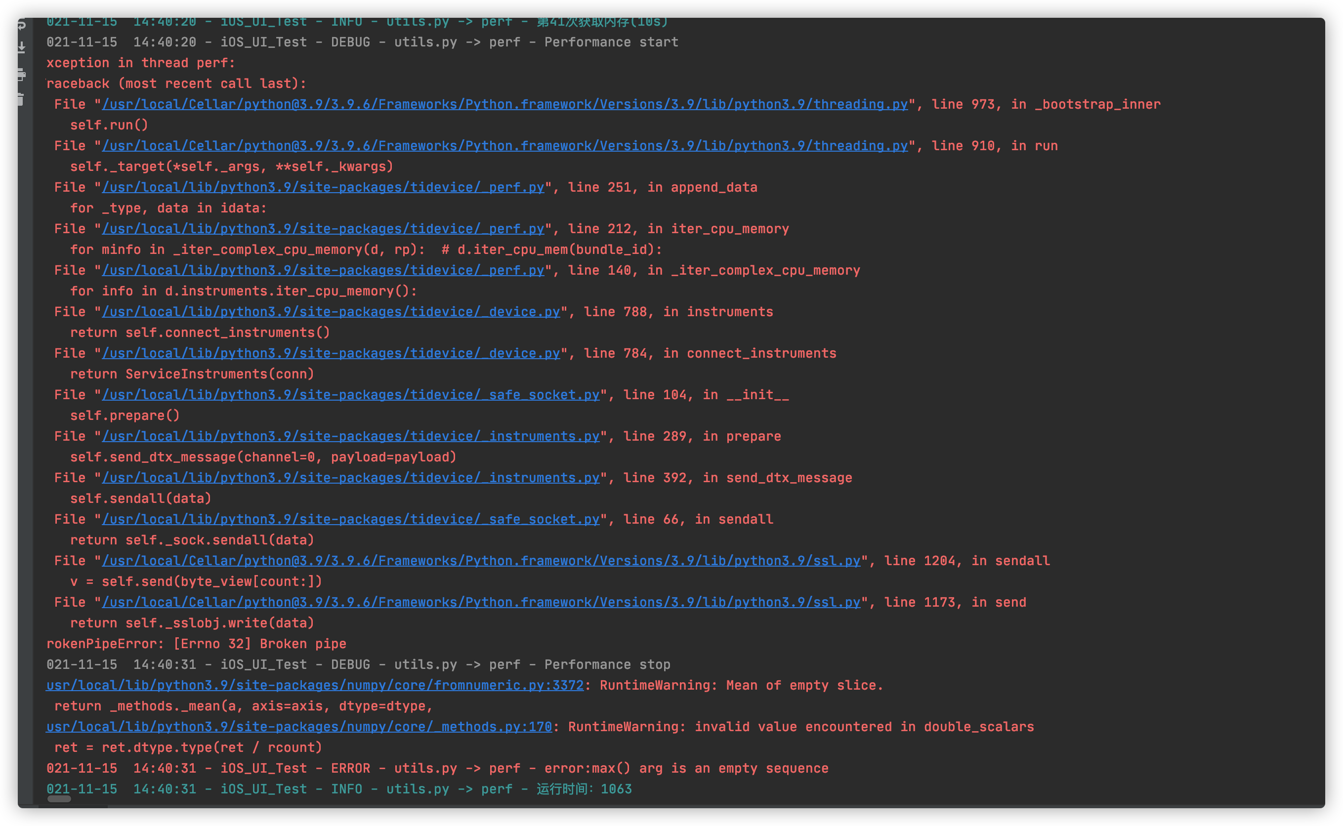 长时间运行测试获取内存数据报错[Errno 32] Broken pipe · Issue #159 · alibaba/tidevice ...