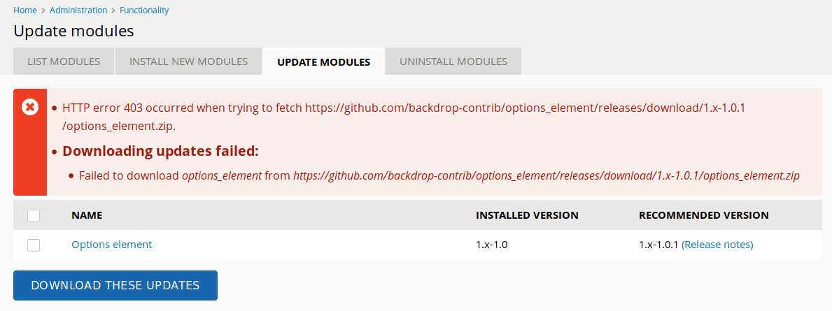 Installer module cannot download new projects or update modules - GitHub backdrop_http_request ...