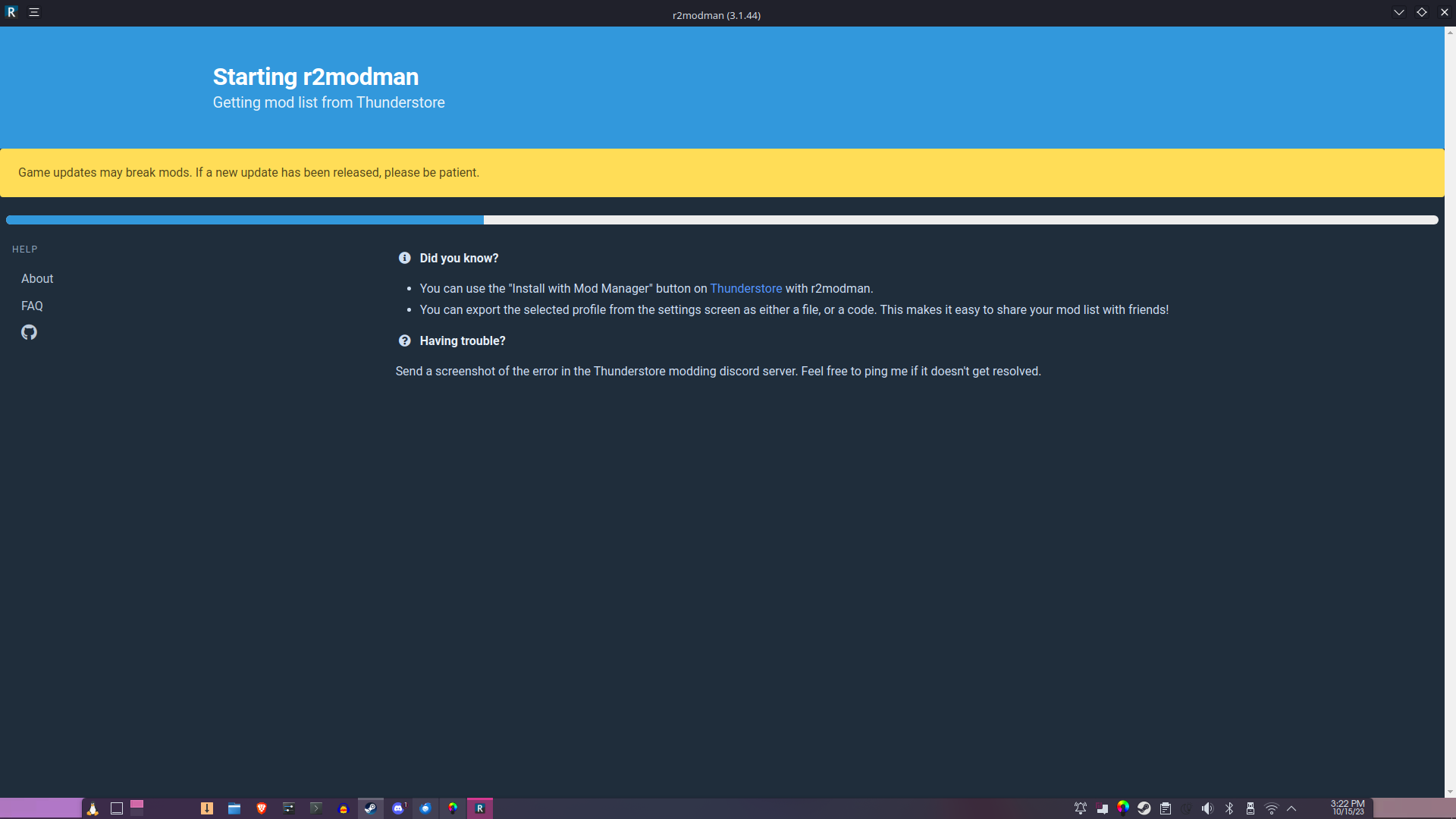 [BUG] - stuck on getting mod list · Issue #1090 · ebkr/r2modmanPlus · GitHub