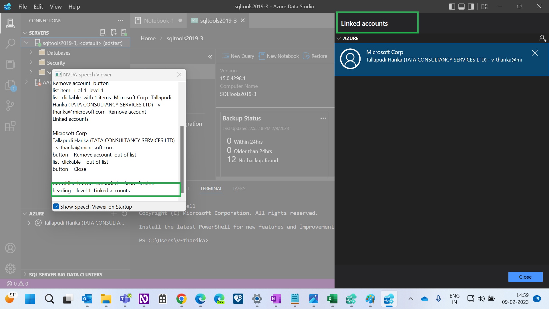 A11y_SQL Azure Data Studio_Add an Azure account_Add an Azure account_Screenreader:Screenreader ...