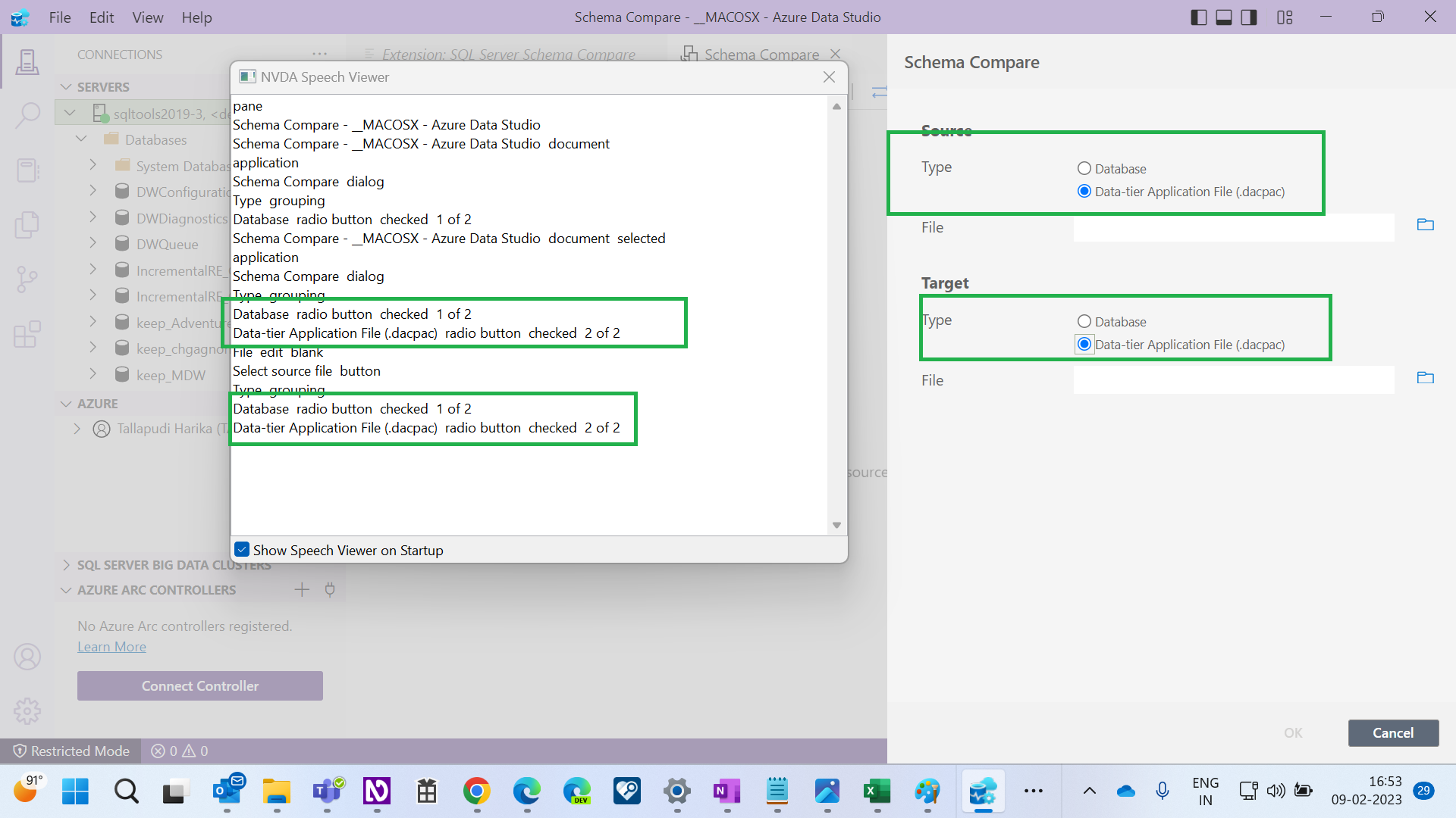 A11y_SQLAzureDataStudio_SchemaCompare_SelectSource-Target_ScreenReader: The ordering of the ...
