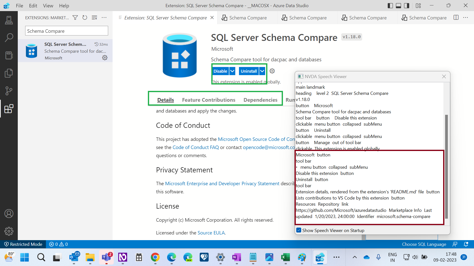 A11y_SQLAzureDataStudio_Extension_Install-UninstallExtension_ScreenReader: Tool tip assigned to ...