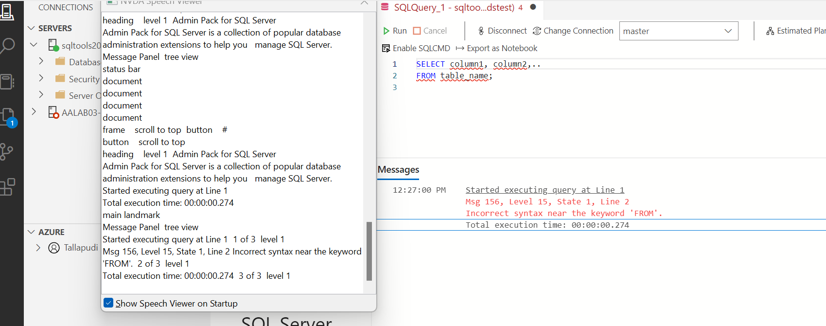 A11y_SQLAzureDataStudio_Query_Create&Run_ScreenReader: Levels are announced for normal text that ...