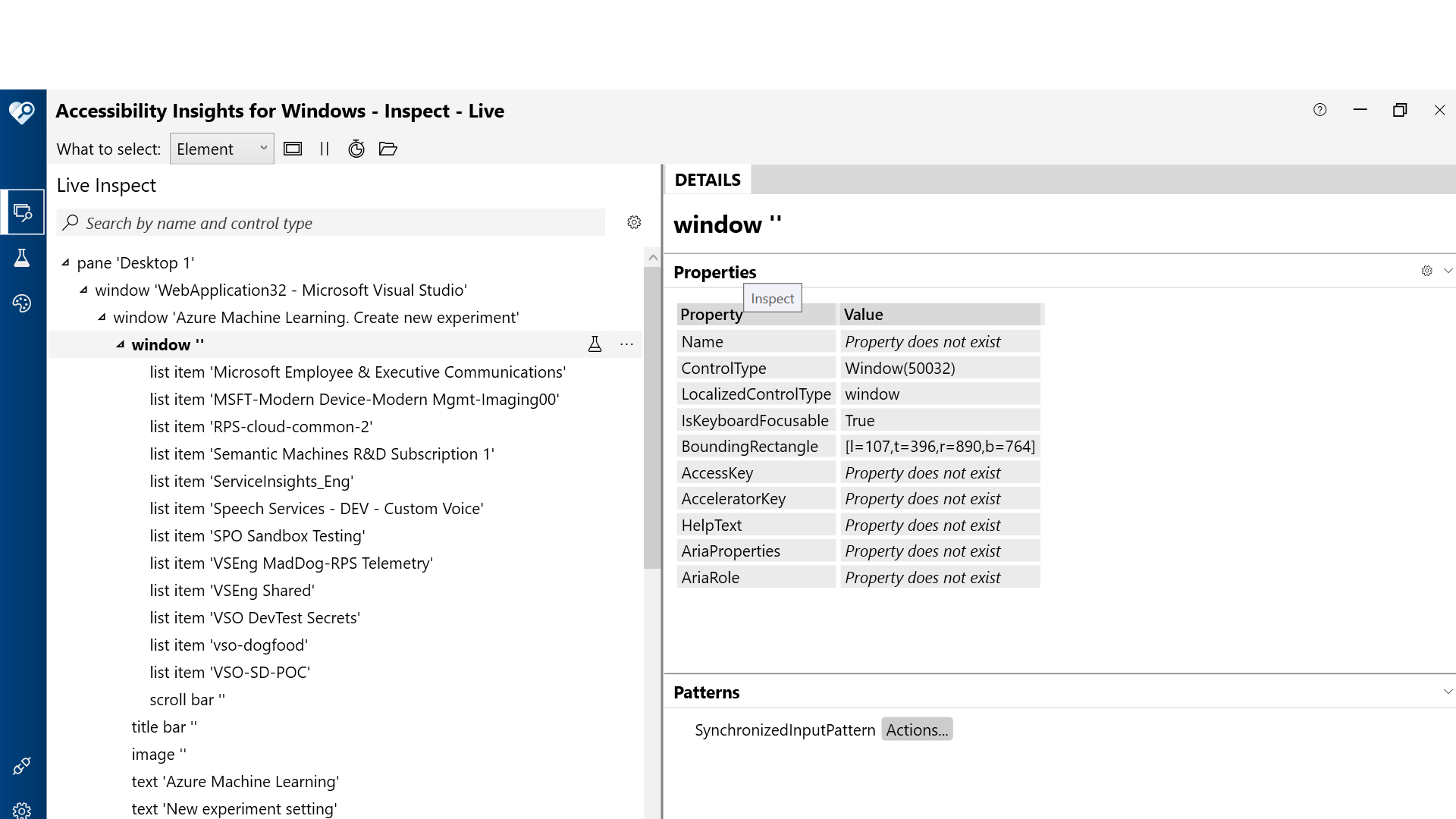 A11y_Model Builder_azure_Create New Experiment_Info and relationship: Narrator not reading the ...