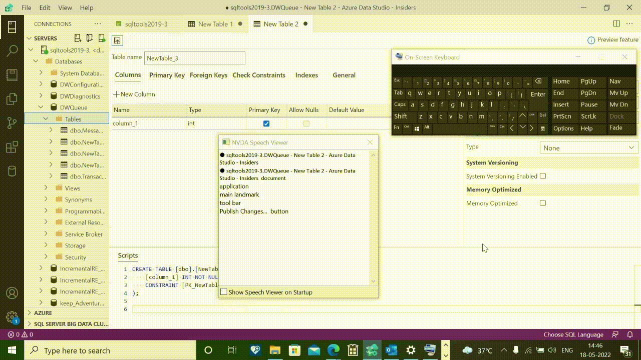 A11y_SQL Azure Data Studio_NewTables_Cloumns_Info & Relationship: NVDA is not announcing the ...