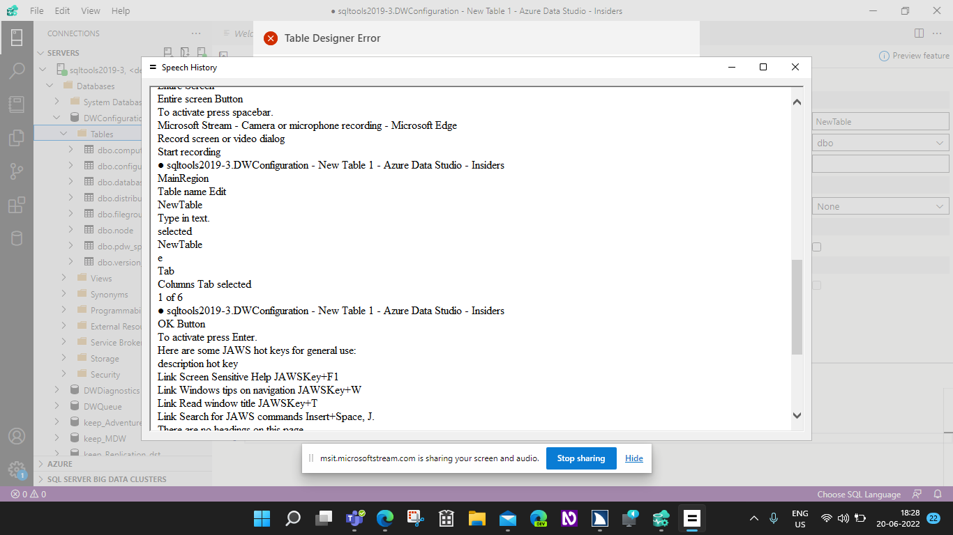 A11y_SQL Azure Data Studio_NewTables_Cloumns_Info & Relationship: NVDA is not announcing the ...