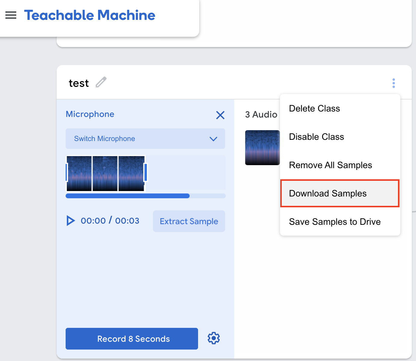 How to save the samples into sample.json and sample-1.webm using tfjs-models/speech-commands ...