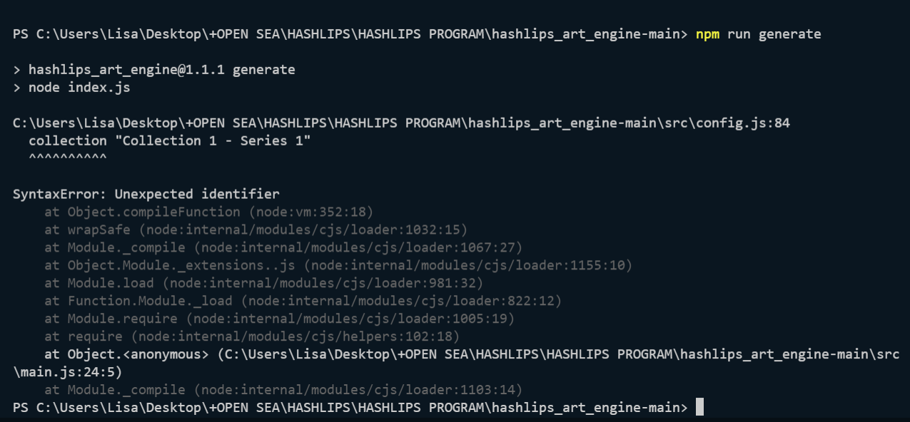 syntax error · Issue #890 · HashLips/hashlips_art_engine · GitHub