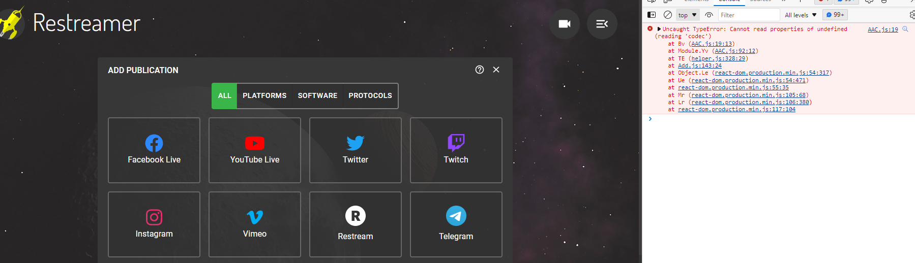 Nothing happens when selecting Youtube or any other streaming service · Issue #474 · datarhei ...