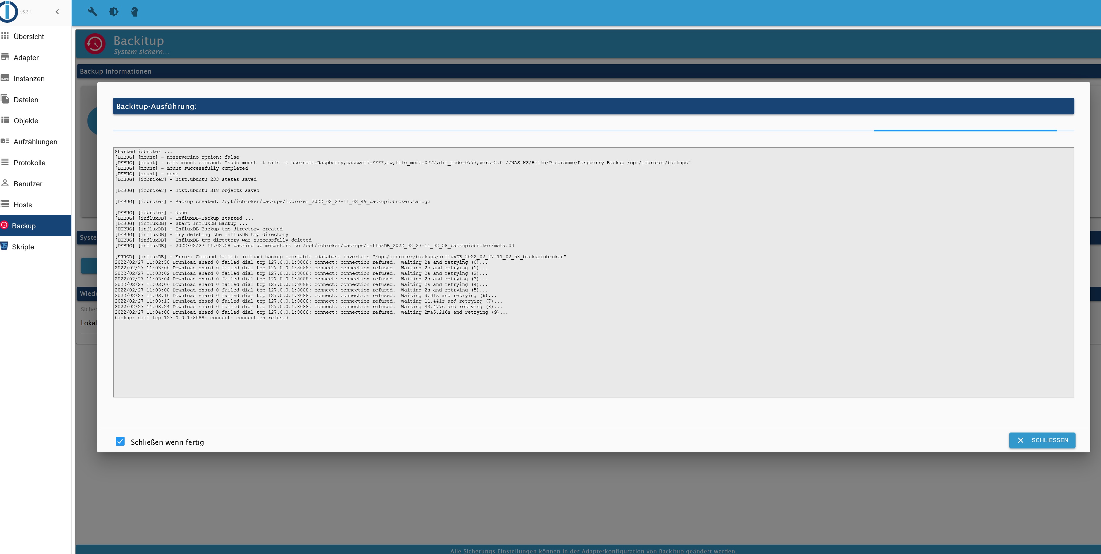 Error: Influxdb backup · Issue #630 · simatec/ioBroker.backitup · GitHub