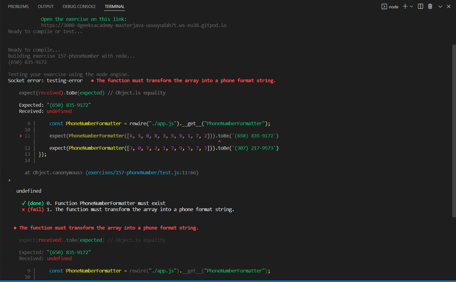 Excercise Bug: 157-phoneNumber · Issue #795 · learnpack/learnpack · GitHub
