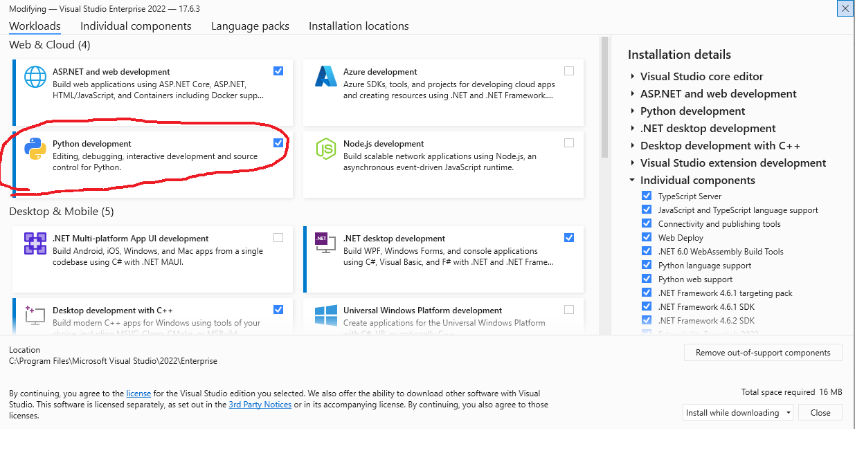VS 2022 community -> Create a new project: Python, All plattforms, Desktop - no tool found ...