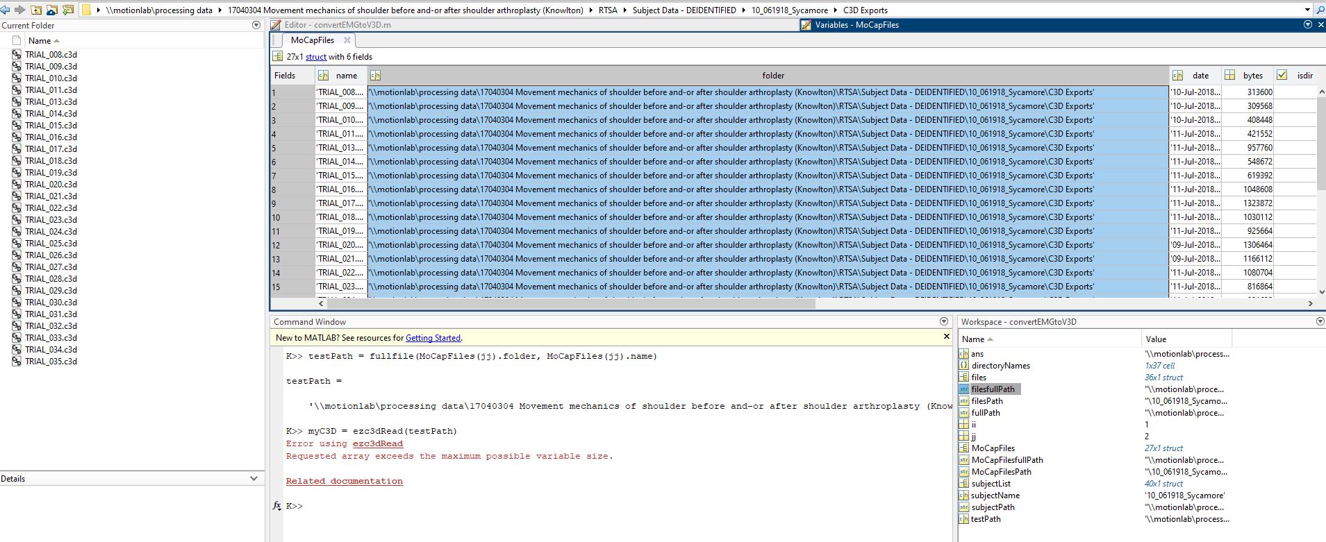 Matlab Error With Ezc3dread Command Requested Array Exceeds Matlab