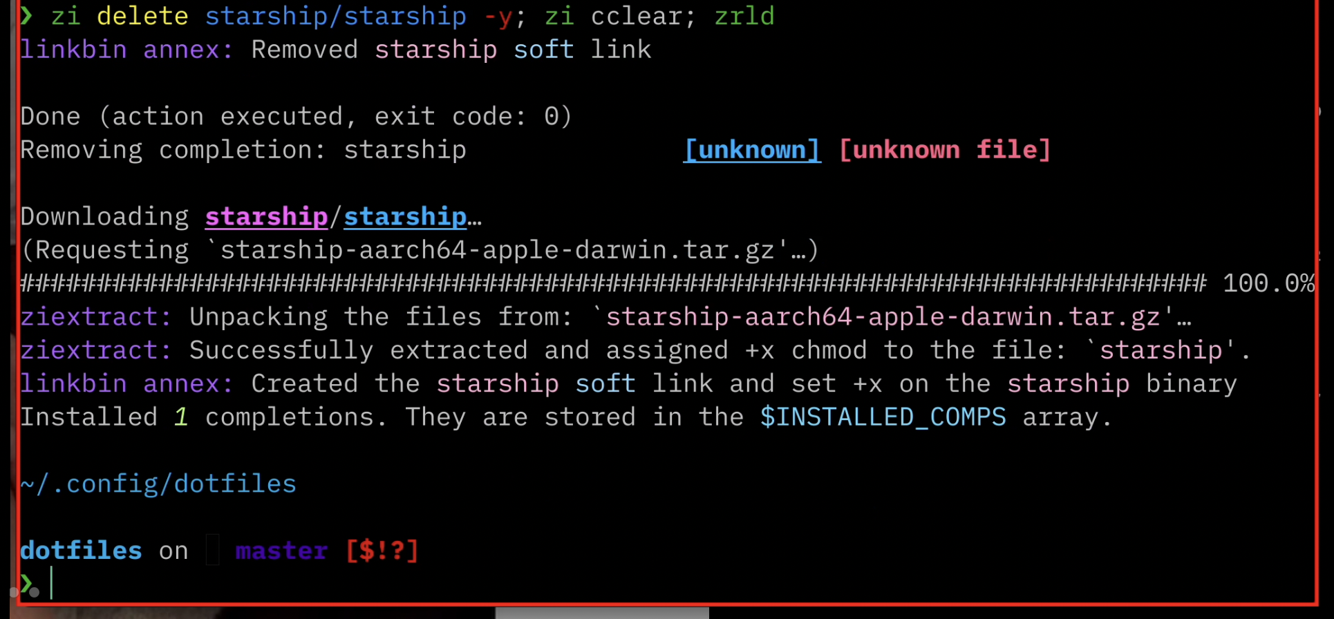 [bug]: Starship Install "no such file or directory: atclone./starship init zsh > init.zsh ...