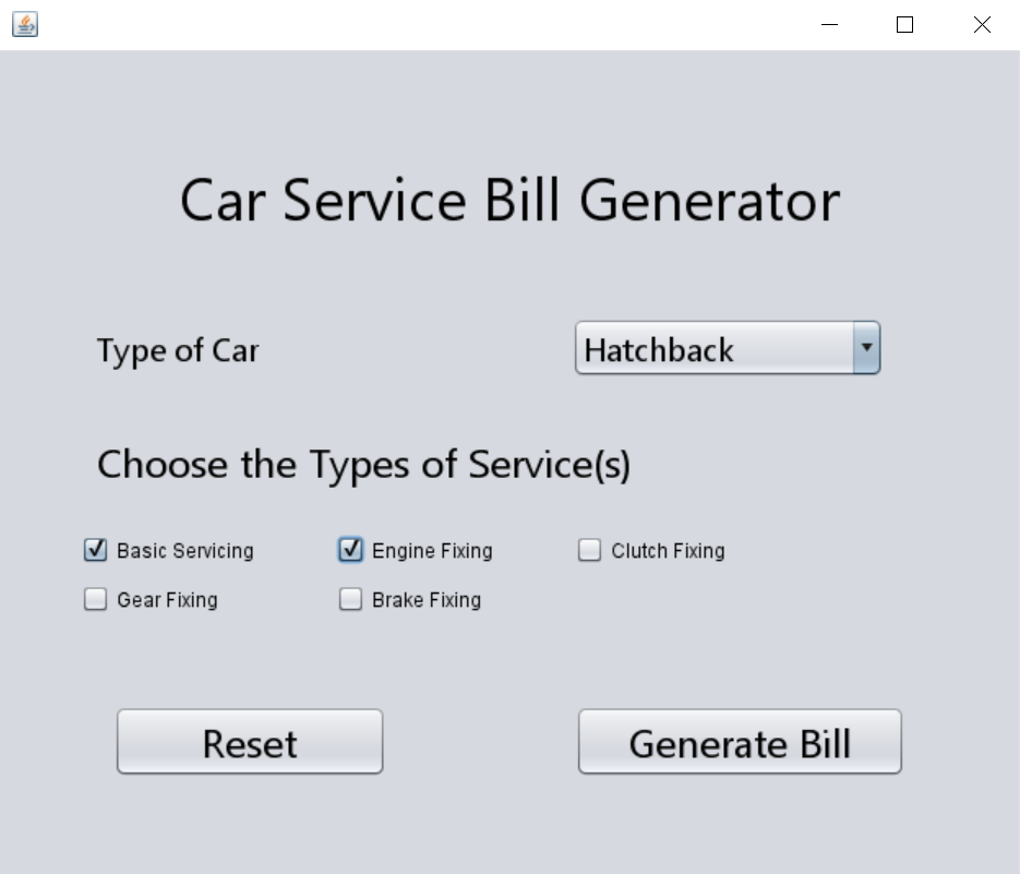 GitHub - yashica-02/CarServiceBillGenerator: It is a software developed ...
