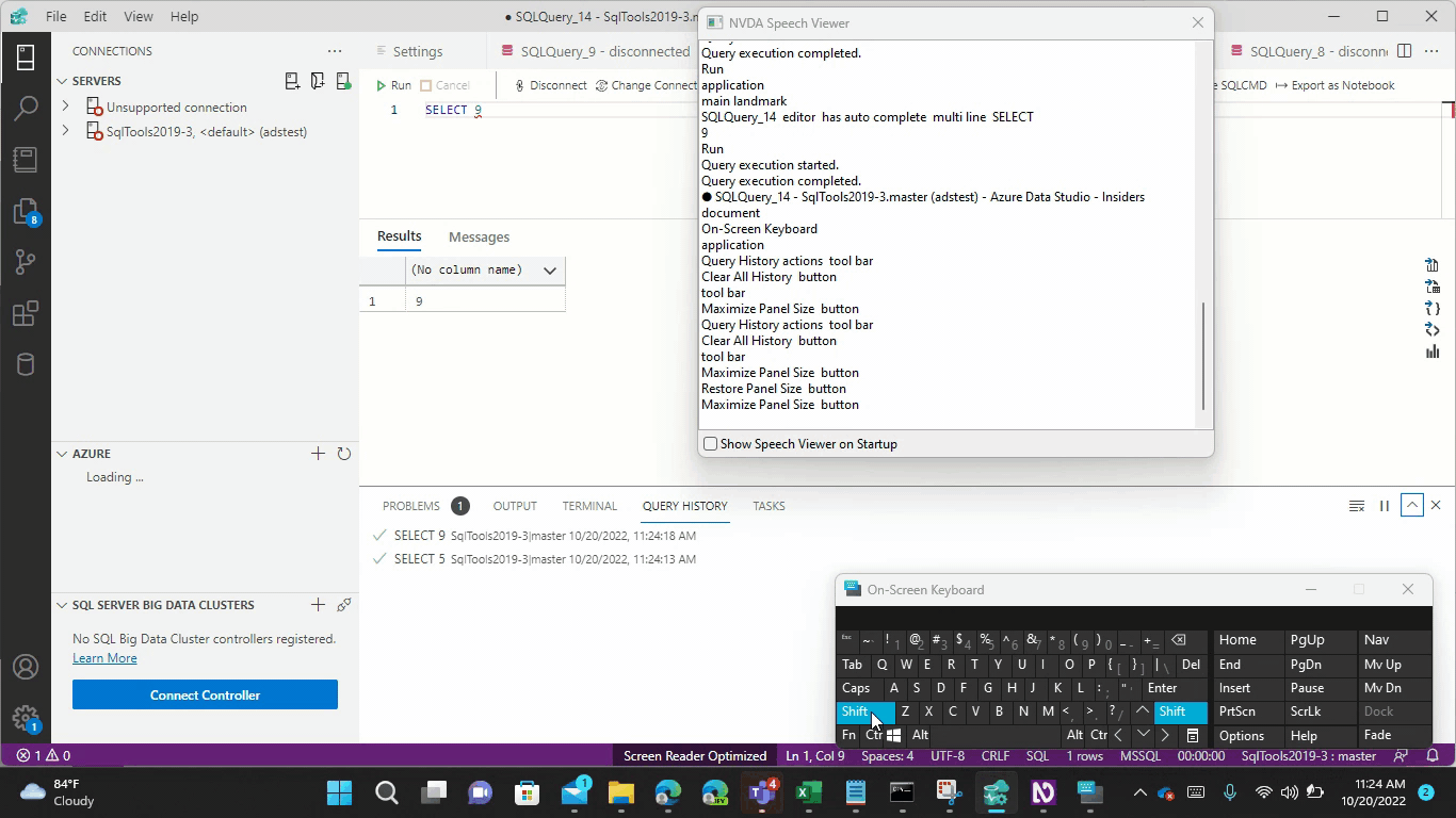 A11y_Azure data studio_Executed query_Clear All history_Screenreader: Screen Reader is not ...