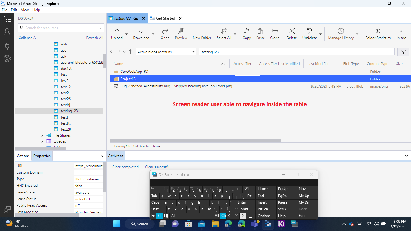 A11y Azure Tools Storage Explorer Blob Container Table Tables Screenreader Screen Reader Is