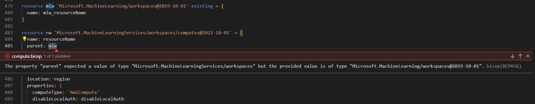 The property "parent" expected a value of type "Microsoft.MachineLearningServices/workspaces ...