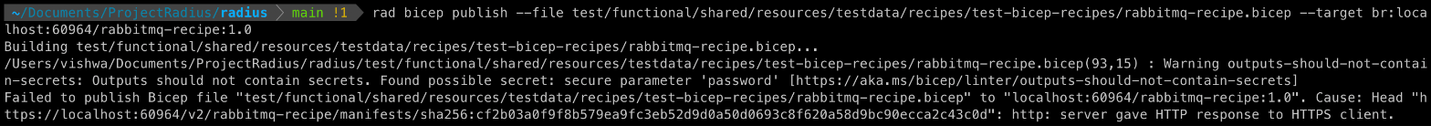 Getting Server Gave Response To Client Error Publishing Bicep Recipe To A