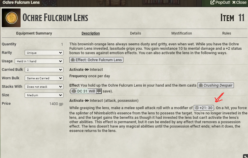 Compendium Item Description Error Ochre Fulcrum Lens · Issue 3559 · Foundryvttpf2e · Github