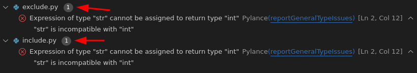 Pylance/VSCode shows Pyright diagnostics output for files listed in "exclude" array of ...
