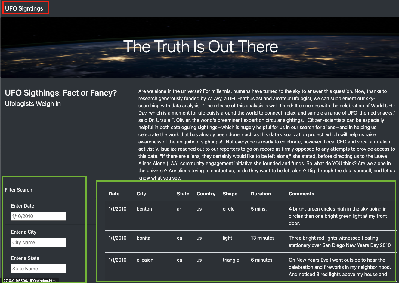 GitHub - sdguerrette/UFOs: using Javascript to display data on UFO sightings
