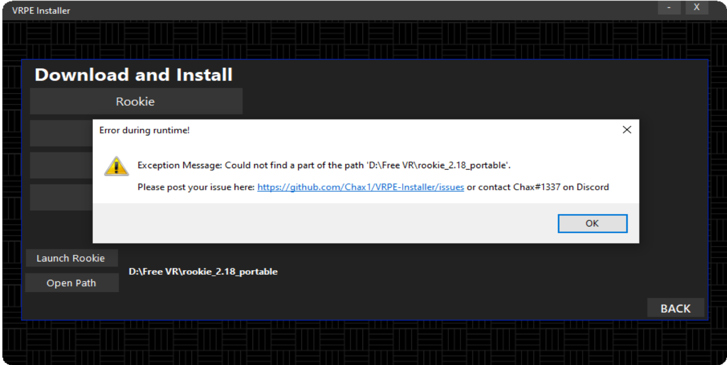 Exception Message: Could not find a part of the path 'D:\Free VR\rookie_2.18_portable'. · Issue ...