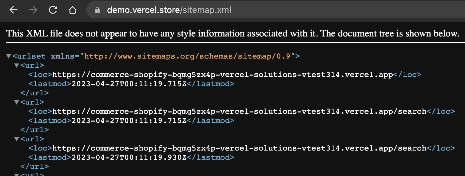 Minor Sitemap Issues · Issue 1003 · Vercelcommerce · Github 