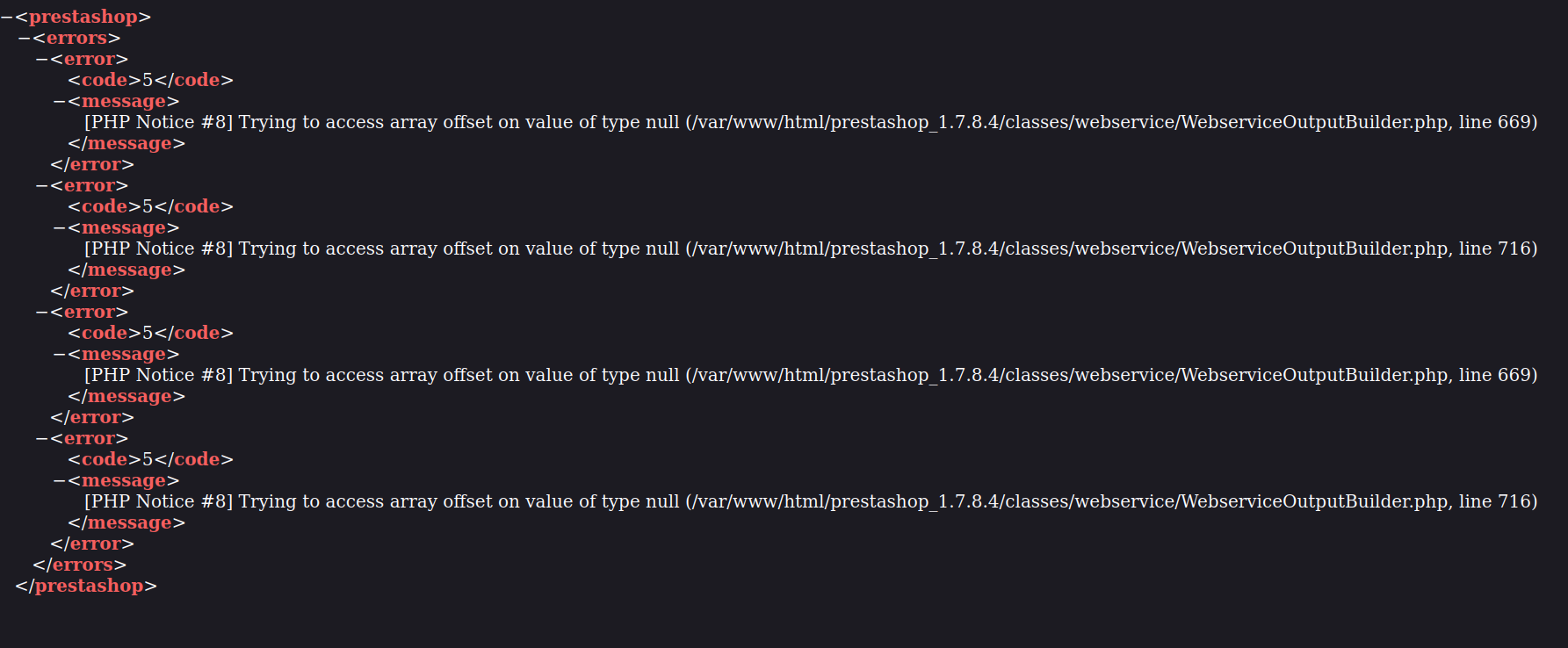 'Trying to access array offset on value of type null' calling WS api categories blank schema ...