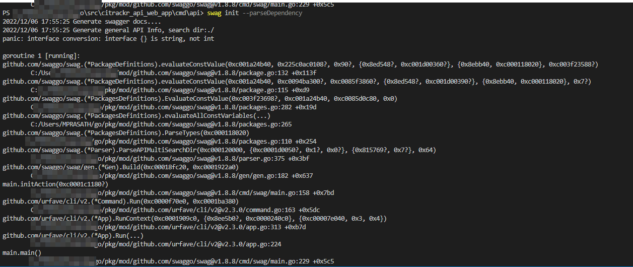 Swag Init Parsedependency Is Throwing Negative Shift Amount Or Interface Conversion Error 
