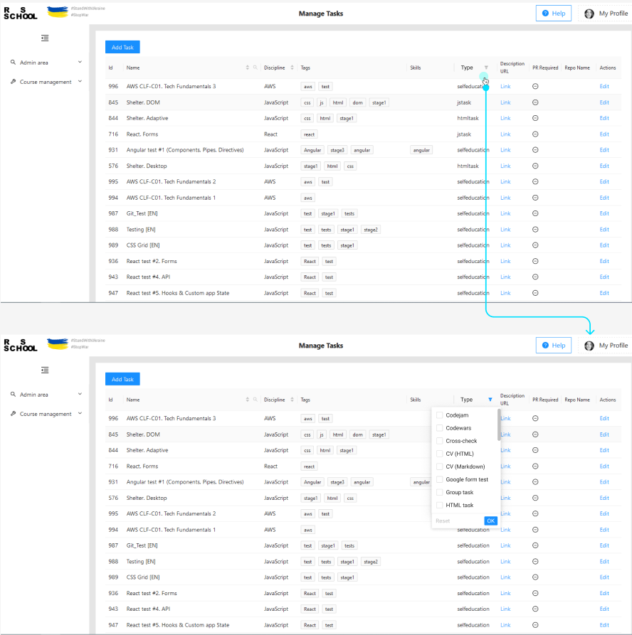 Manage tasks screen. Filter of the Type column · Issue #2101 · rolling-scopes/rsschool-app · GitHub
